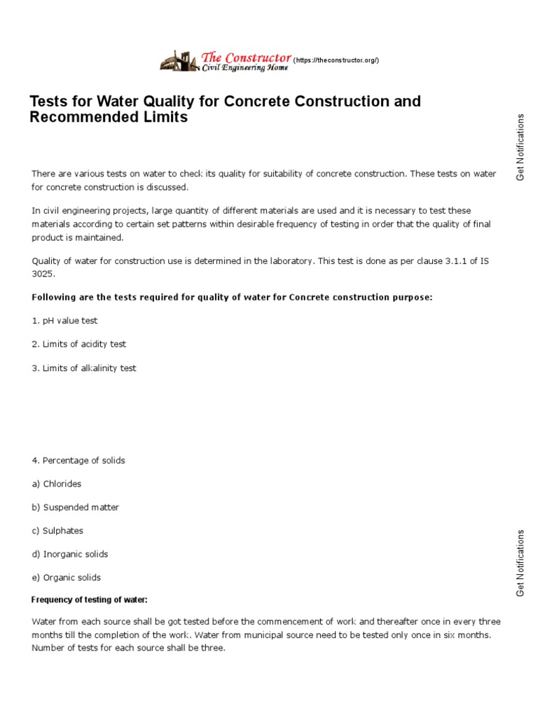 Water Quality Tests For Concrete Construction and Recommended Limits ...