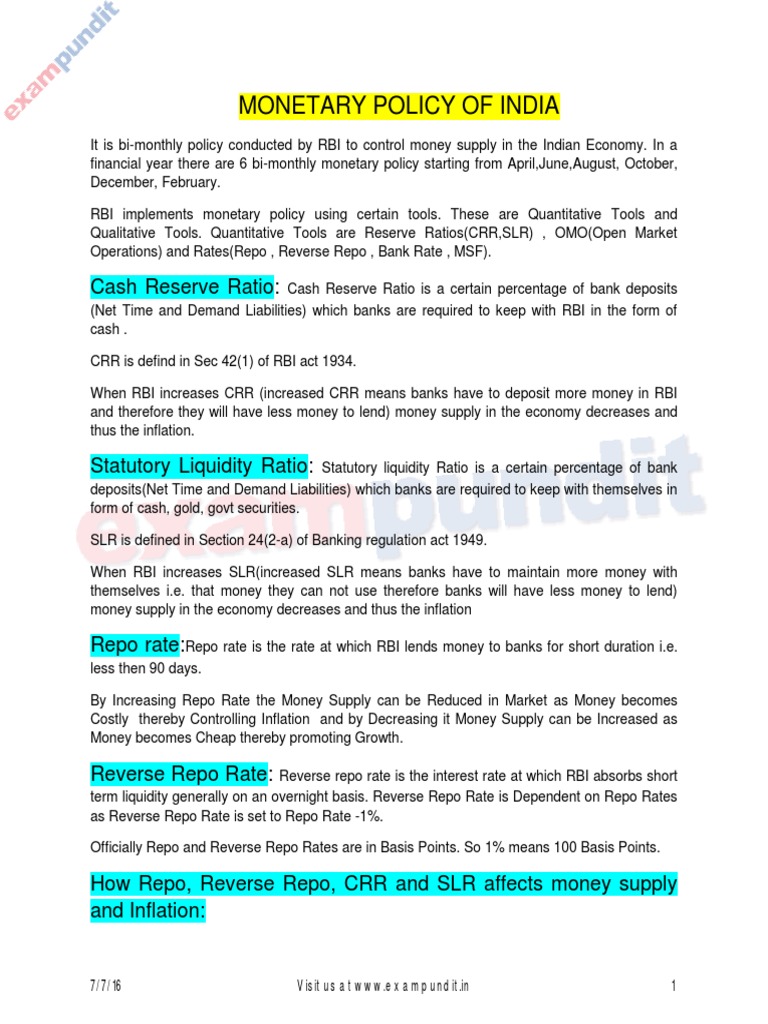 Monetary Policy of India | PDF | Repurchase Agreement | Reserve Bank Of ...