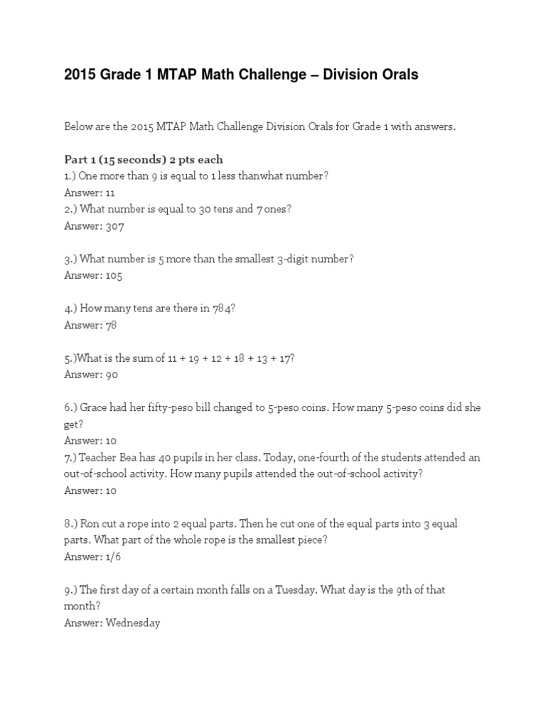 2015 Grade 1 MTAP Math Challenge - Division Orals | PDF