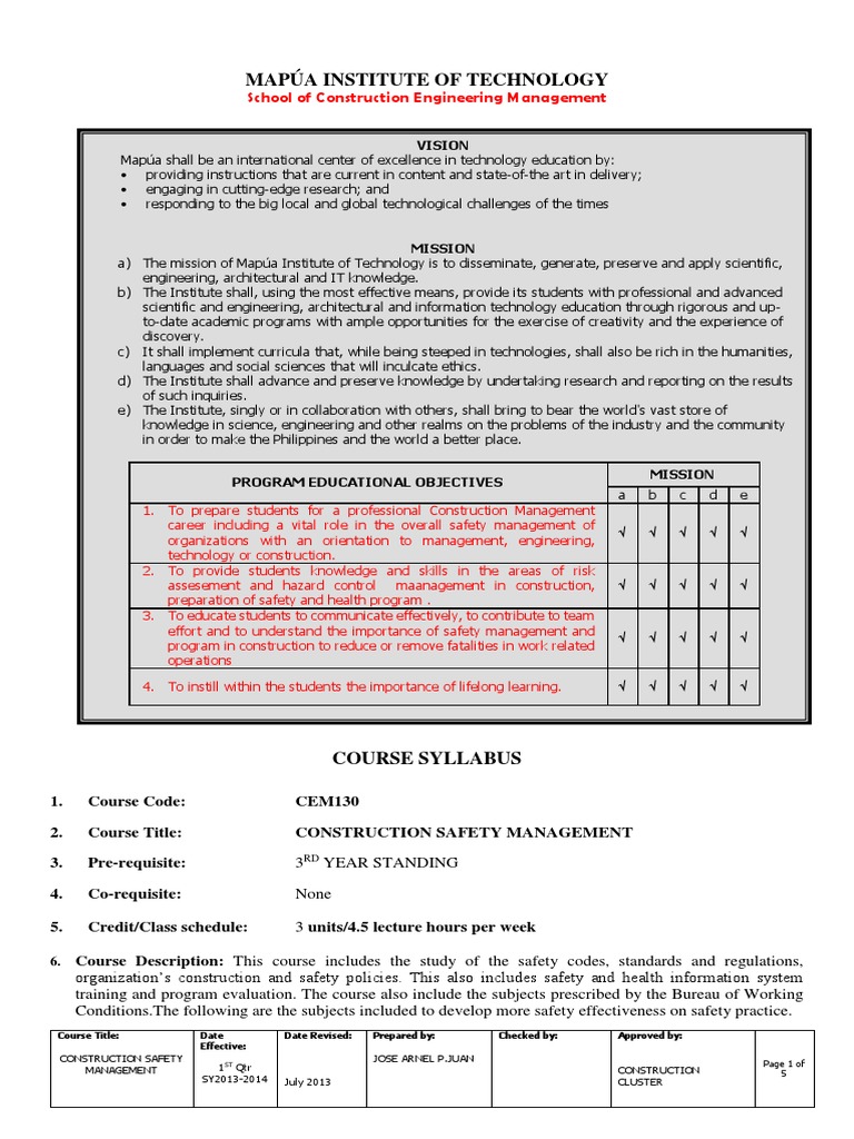CEM130 Construction Safety Management - SYLLABUS Revised | PDF | Engineering | Occupational ...