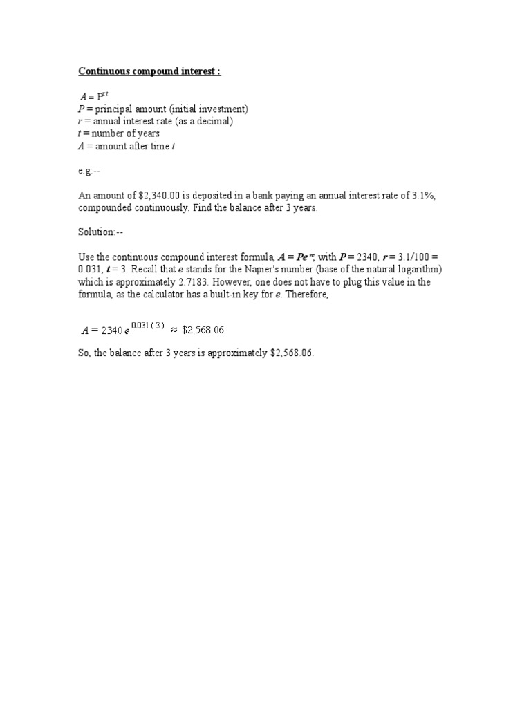 Continuous Compound Interest | PDF