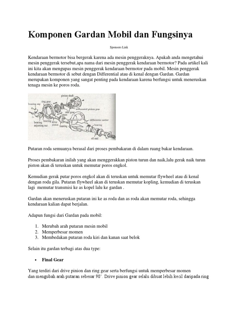 Komponen Gardan Mobil & Fungsinya | PDF | Teknologi & Rekayasa
