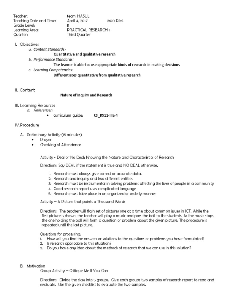 Lesson Plan Practical Research | PDF | Qualitative Research ...