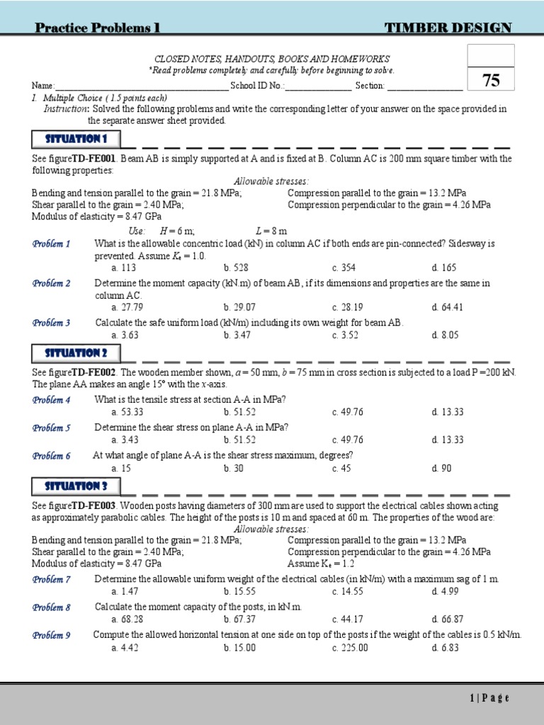 Practice Problems in Timber Design PDF | PDF | Bending | Beam (Structure)
