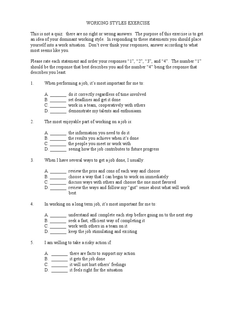 Working Styles Questionnaire | PDF | Psychology | Psychological Concepts