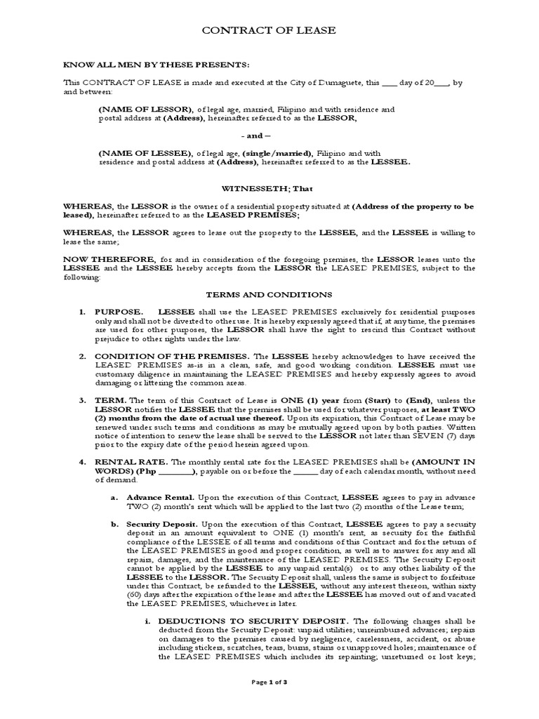 Residential Lease Agreement Between John Doe (Lessor) and Jane Smith ...