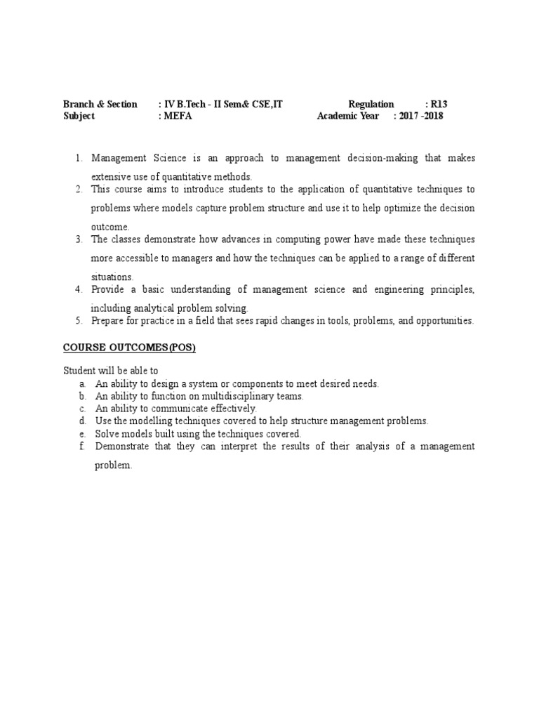 Branch & Section: IV B.Tech - II Sem& CSE, IT Regulation: R13 Subject: Mefa Academic Year: 2017 ...