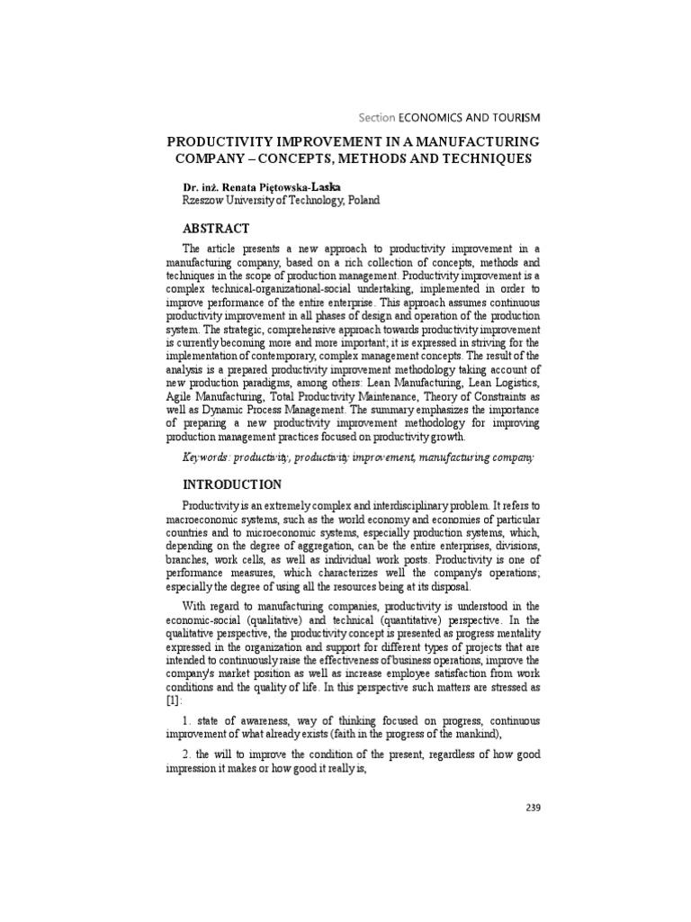 Productivity Improvement in A Manufacturing Company - Concepts, Methods ...