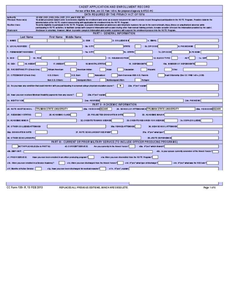 Cadet Application and Enrollment Record: For Use of This Form, See CC ...
