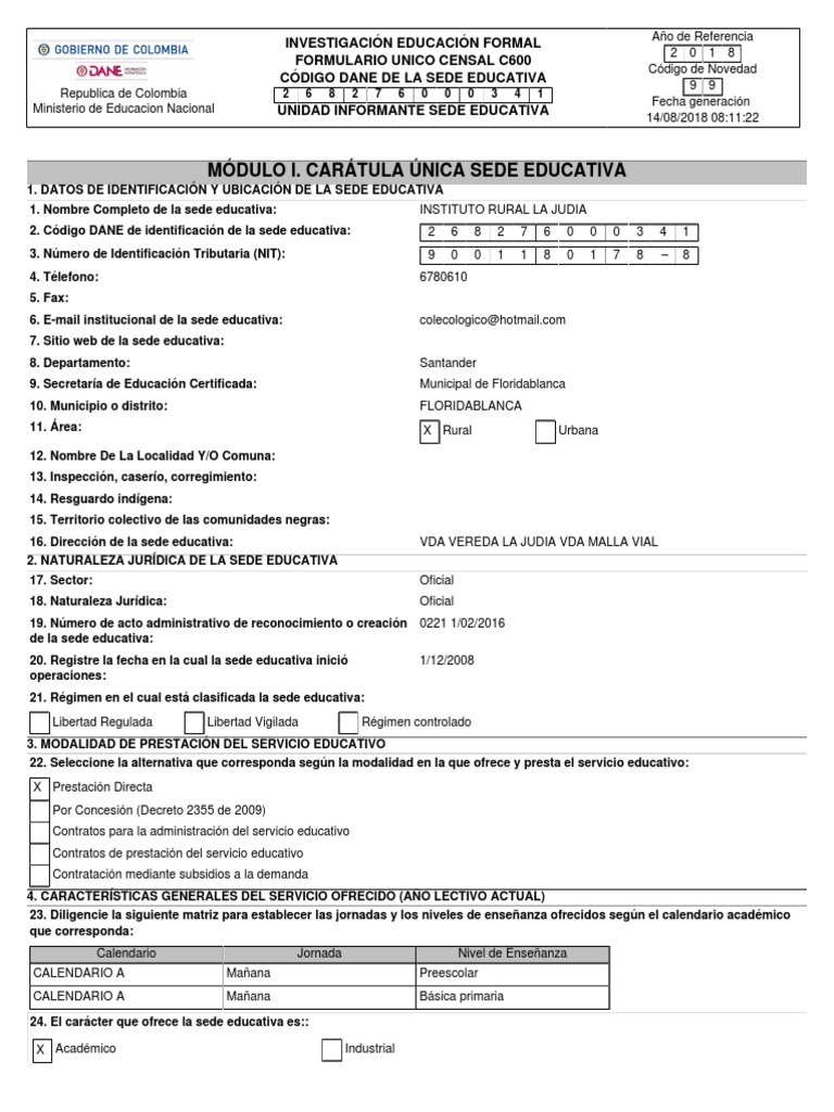 Formulario Dane | PDF | Educación de la primera infancia | Educación primaria