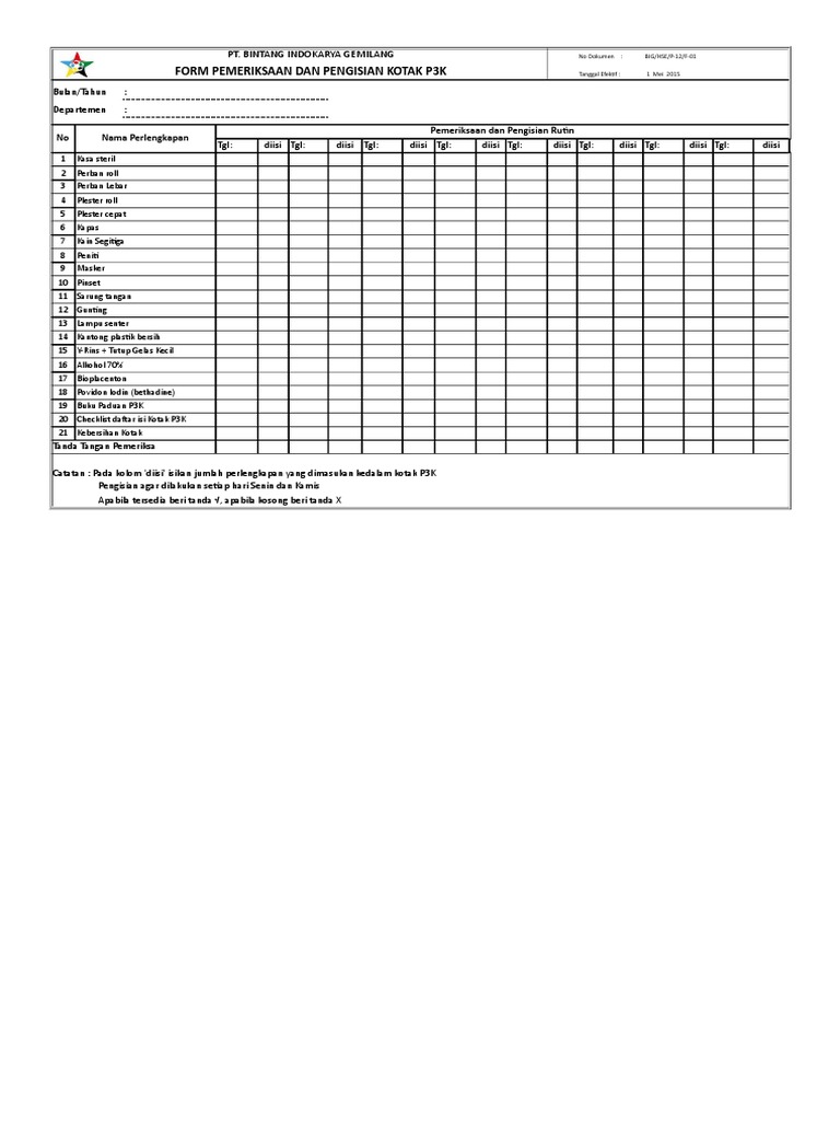 Form Pemeriksaan Dan Pengisian Kotak P3K | PDF