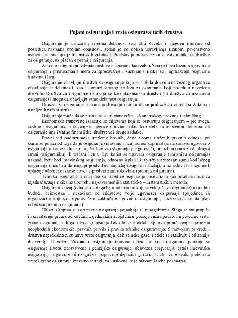 Pojam Osiguranja I Vrste Osiguravajucih Drustva | PDF