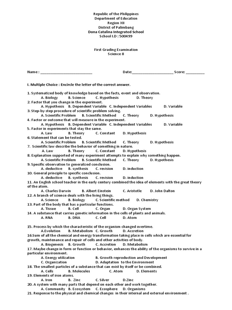 Science 8 Exam | PDF | Theory | Science