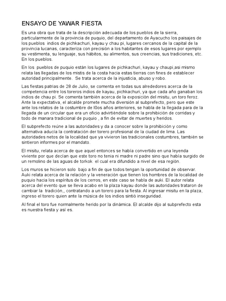 Ensayo de Yawar Fiesta | PDF