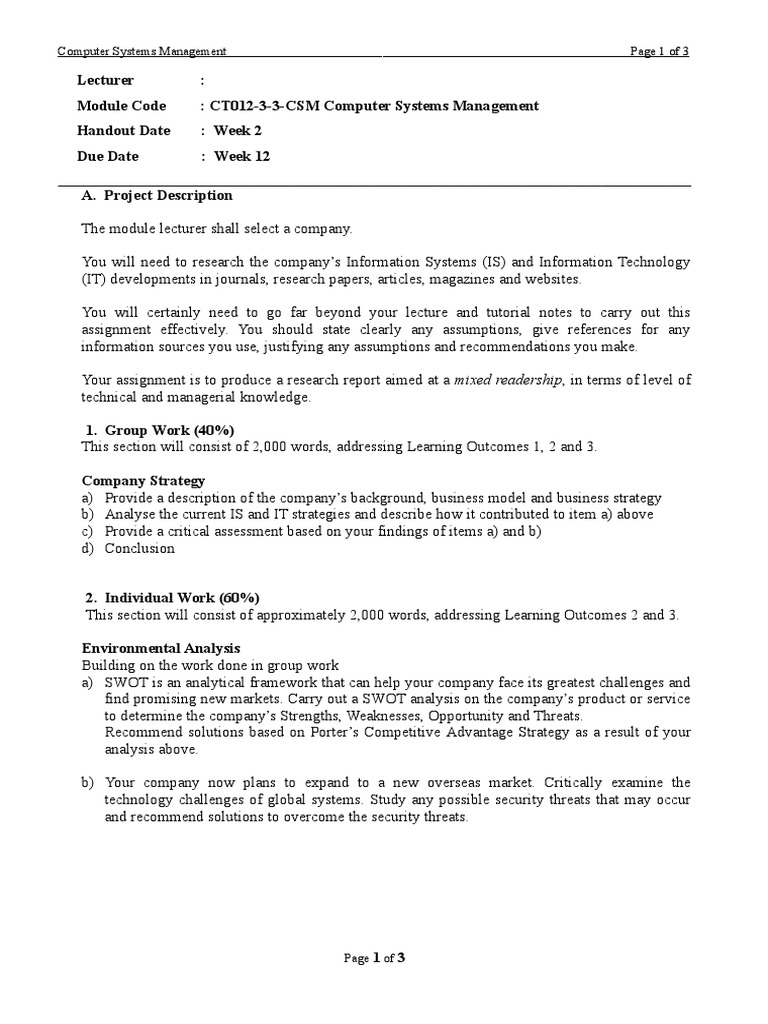 01 CSM Assignment 2018 | PDF | Strategic Management | Swot Analysis