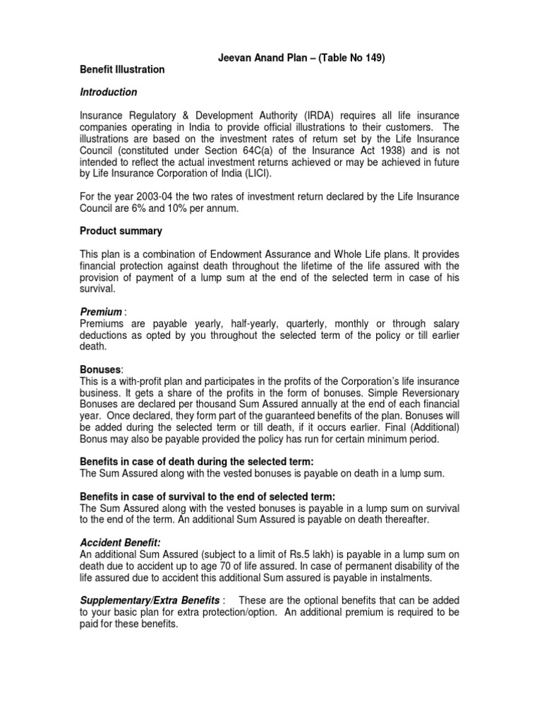 Jeevan Anand Plan - (Table No 149) Benefit Illustration | PDF | Life ...