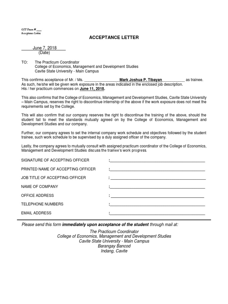 Acceptance Letter: - June 7, 2018 - (Date) | PDF | Business