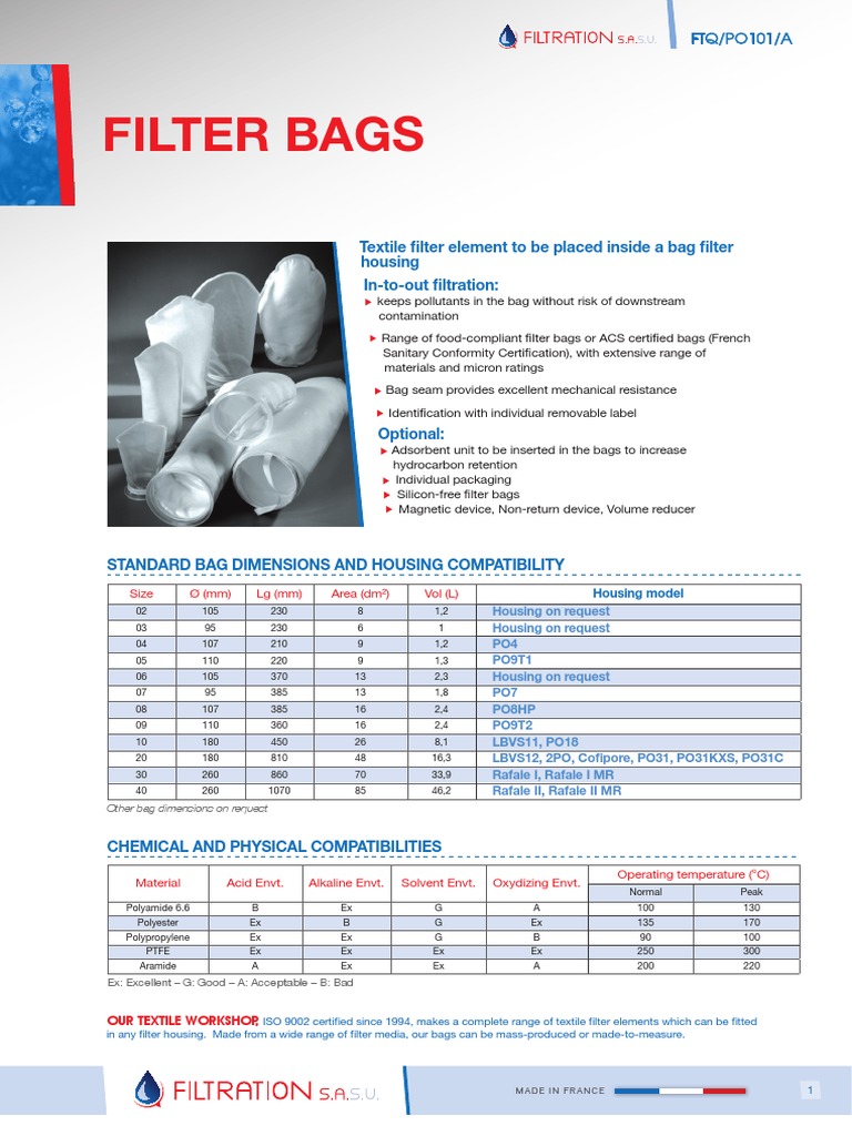 Filter Bags Datasheet PDF | PDF | Filtration | Chemistry