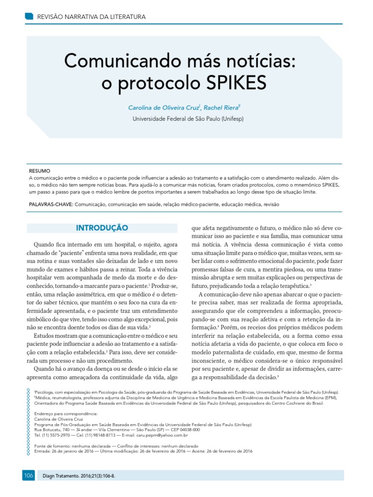 Comunicando más notícias_ O protocolo SPIKES.pdf | Remédio | Psicologia