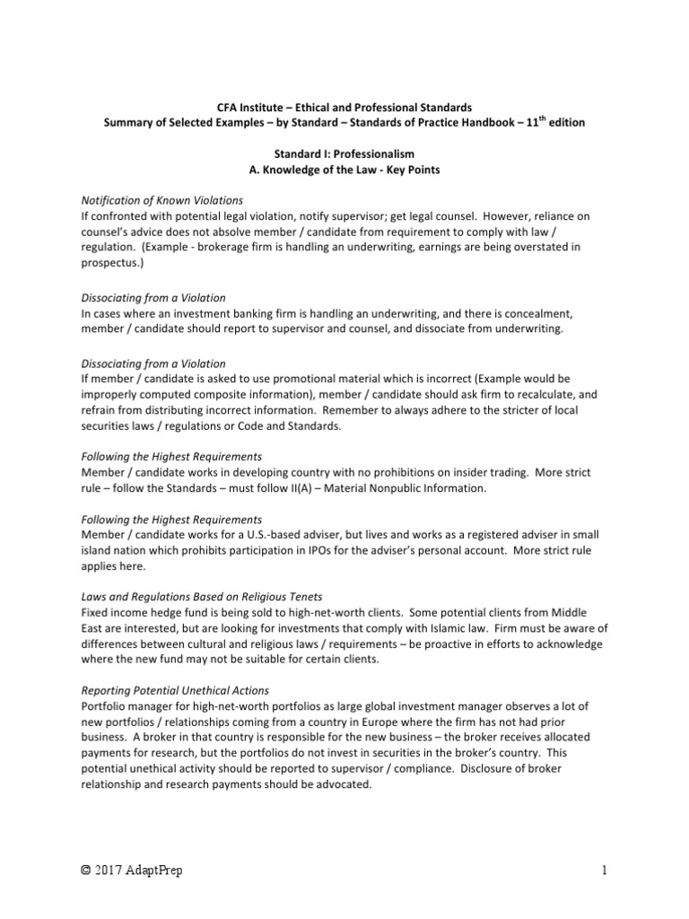 Ethics - Summary of Selected Examples - Standards of Practice Handbook ...