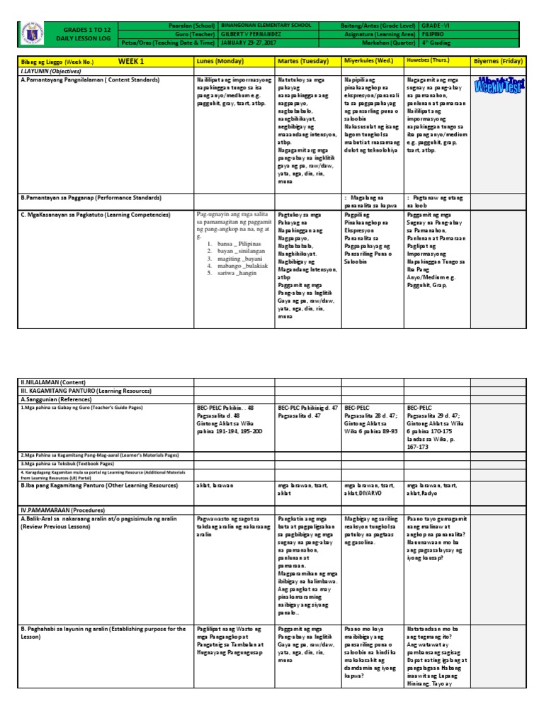 4th New Dll-Fil - Week 1 4th Grading | PDF