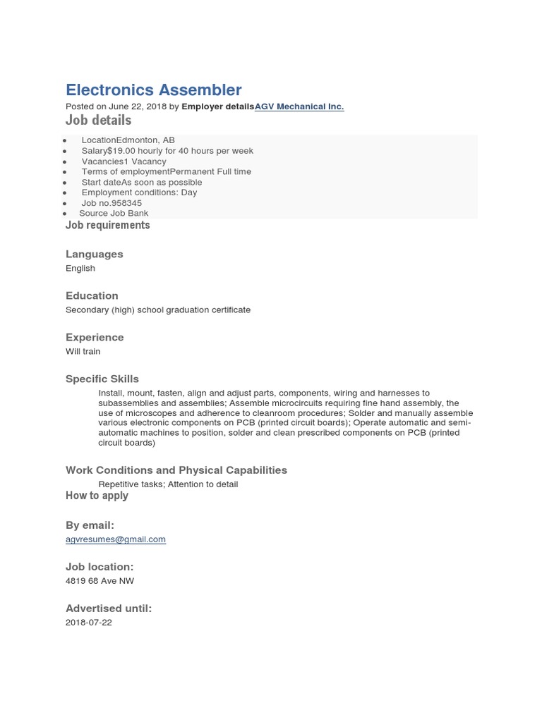 Electronics Assembler: Job Details | PDF