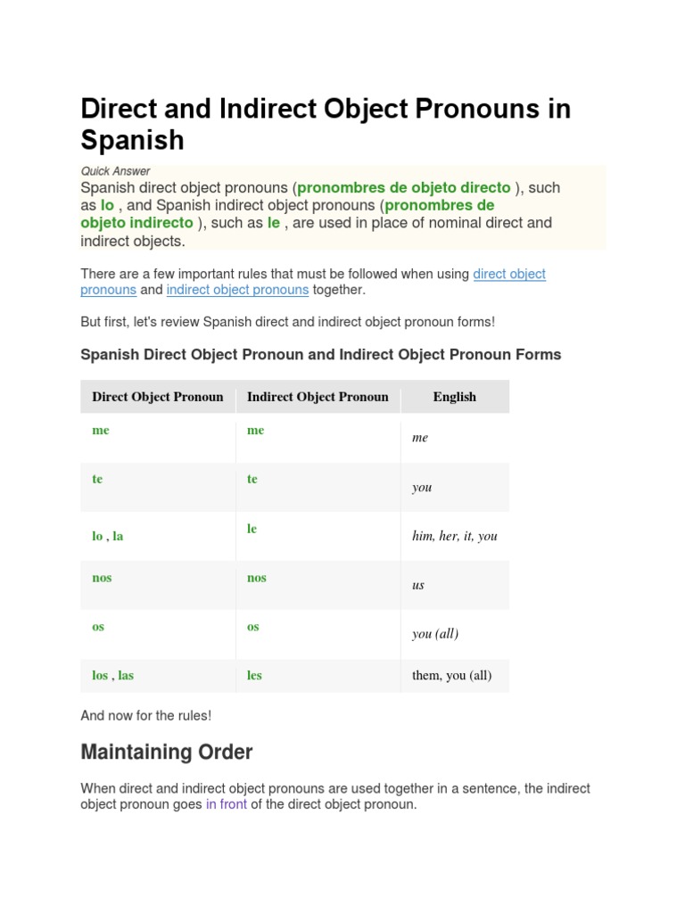 Direct and Indirect Object Pronouns in Spanish | PDF | Syntax | Philology