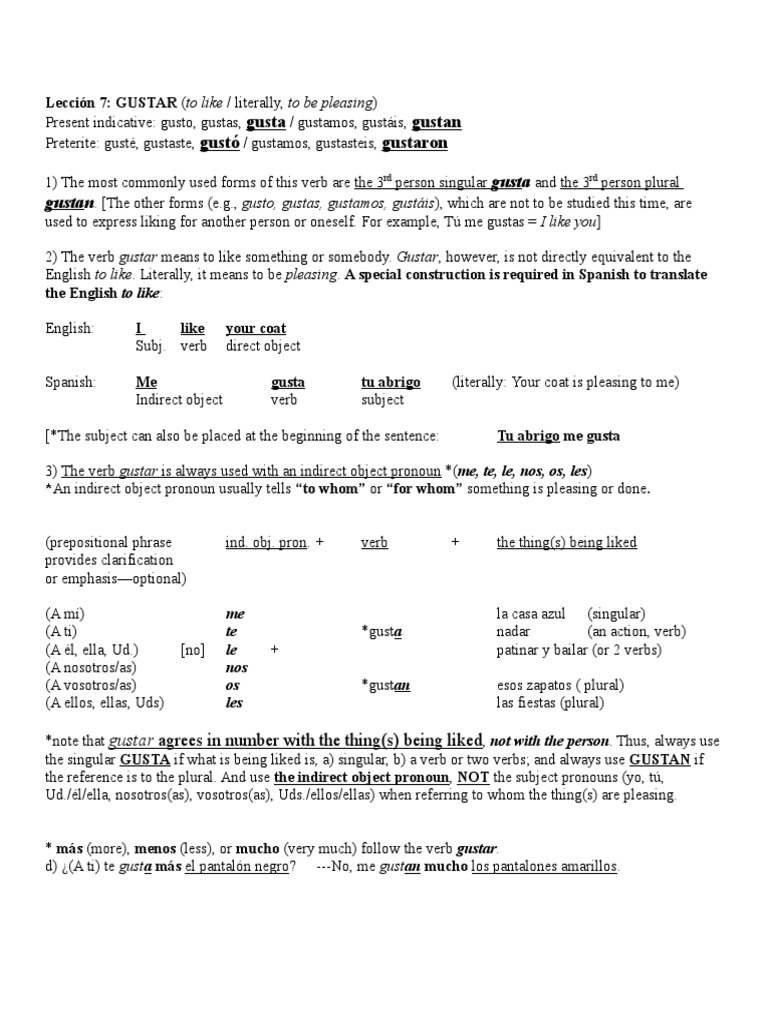 Lesson 7, Gustar & Exercises | Download Free PDF | Linguistic ...