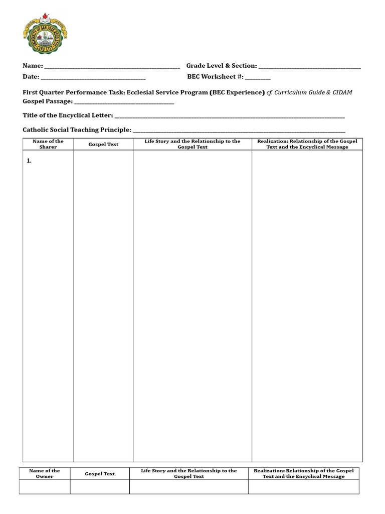 Bec Worksheet | PDF | Catholic Church | Religious Behaviour And Experience