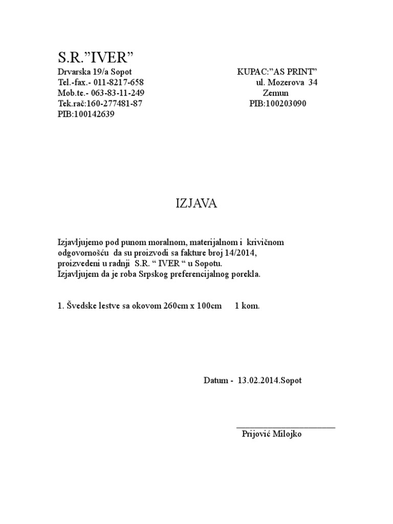 Izjava Za Izvoz | PDF