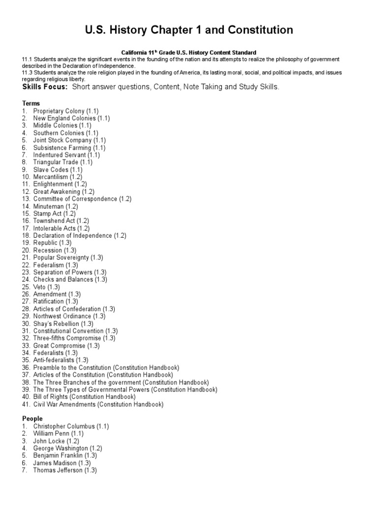 Chapter 1 Study Guide | PDF | United States Constitution | History Of ...