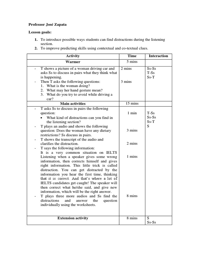 IELTS Listening Lesson Plan | PDF | International English Language ...