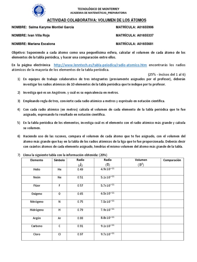 Cálculo de Volumen y Radio Atómico | PDF | Argón | Tabla periódica