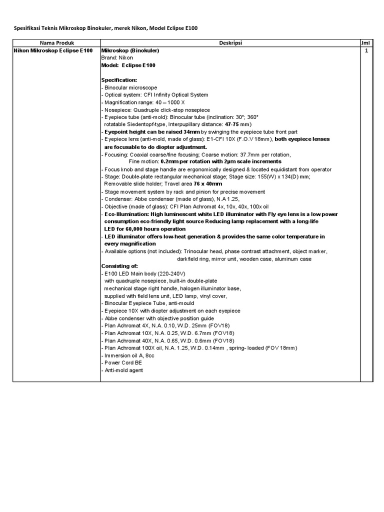 Nikon Eclipse E100 Microscope Specs | PDF | Lens (Optics) | Equipment