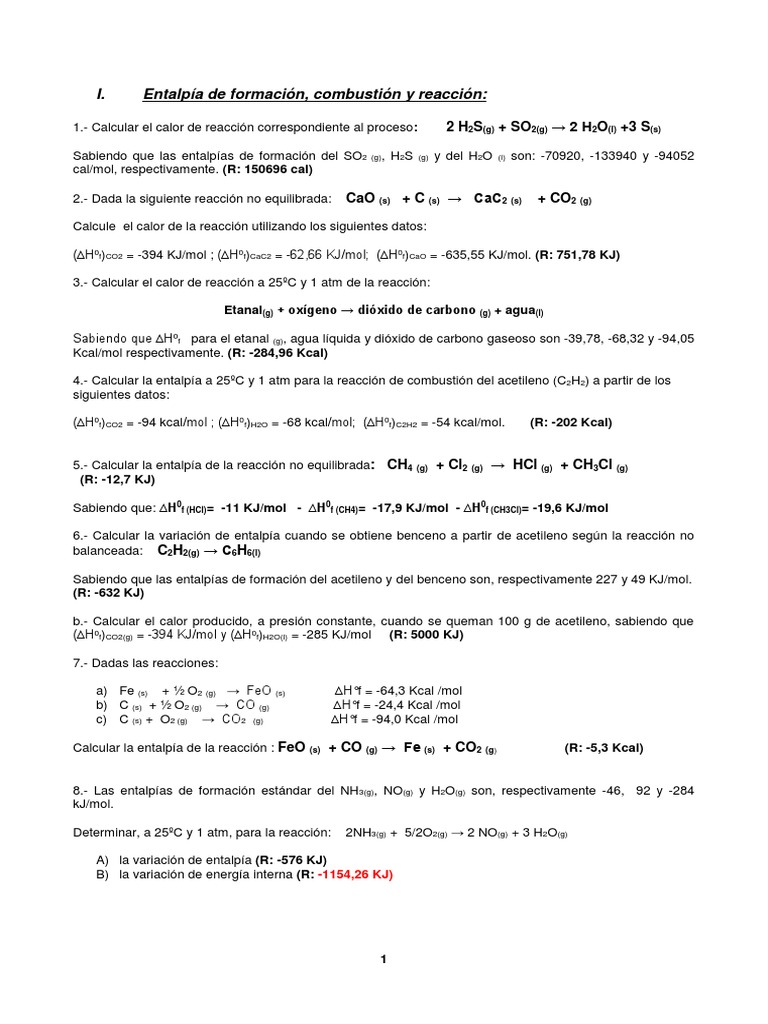 Guia Ejercicios Entalpía 3° | Combustión | Entalpía