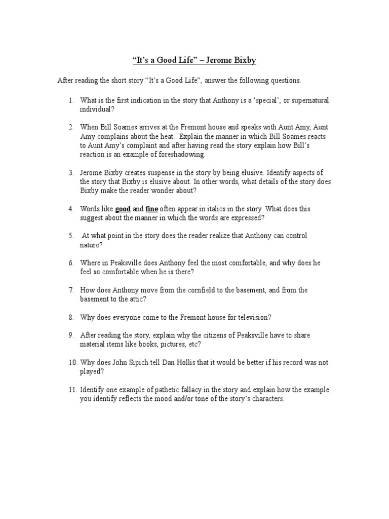 ENG1D - It's A Good Life Questions | PDF