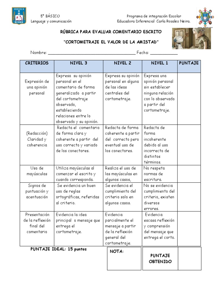 RÚBRICA PARA EVALUAR COMENTARIO ESCRITO Comentario 5° Año | PDF | Comunicación | Ciencia cognitiva