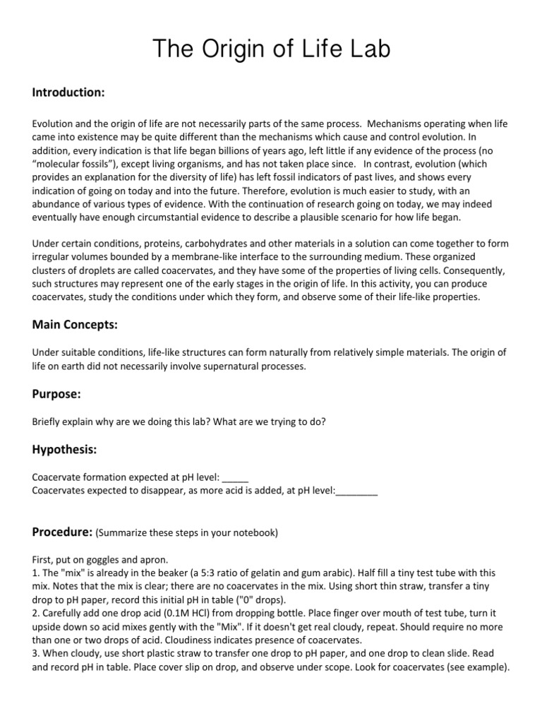 The Origin of Life Lab | PDF | Abiogenesis | Life