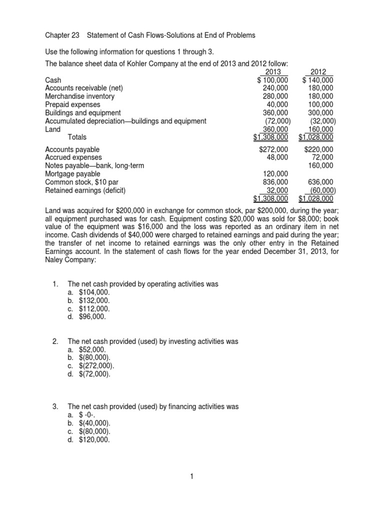 Chapter 23 Statement Of Cash Flows Multiple Choice With Solutions Pdf