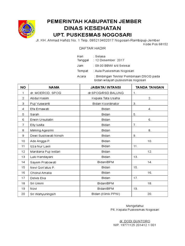 Daftar Hadir Bimbingan Teknis | PDF