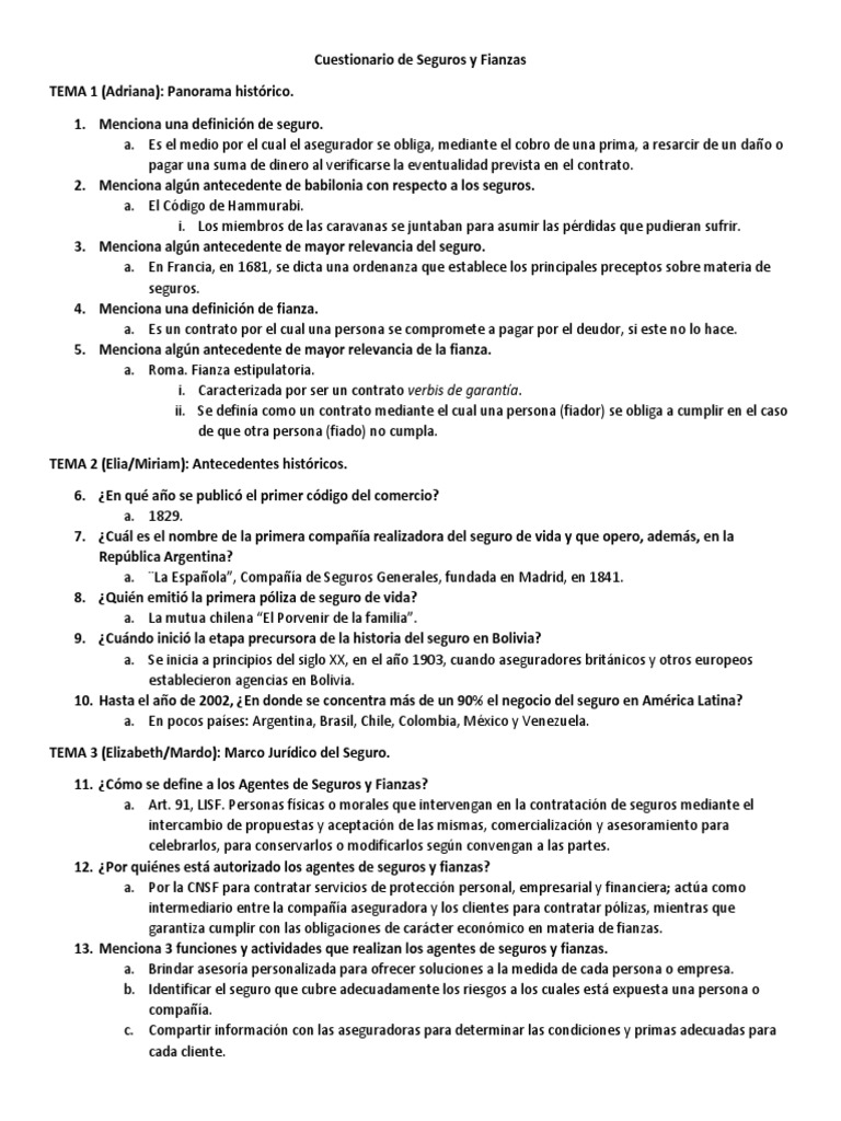 Cuestionario de Seguros y Fianzas | PDF | Póliza de seguros | Seguro