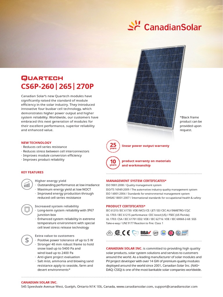 Canadian - Solar Datasheet CS6PP - Quartech 265 PDF | PDF | Solar Panel ...