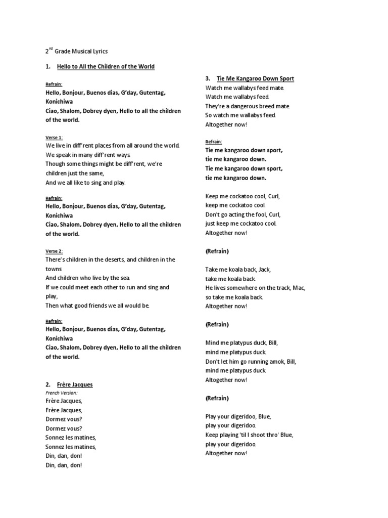 2nd Grade Musical Song Lyrics | PDF | Songs | Leisure