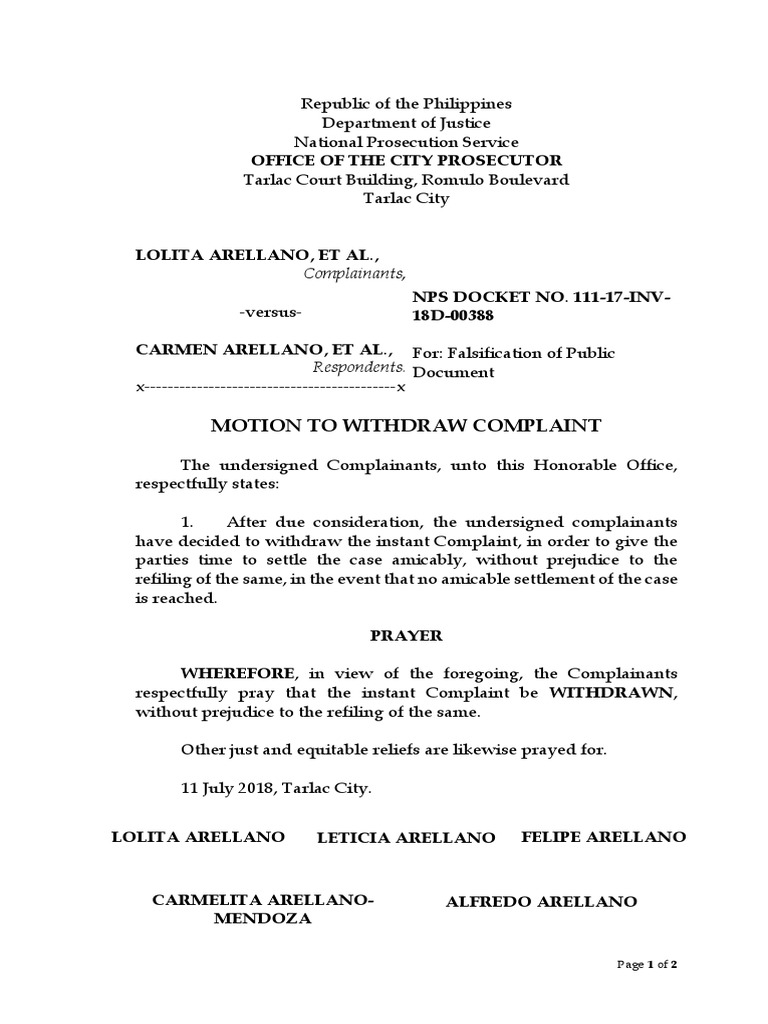 Motion To Withdraw Complaint: Complainants | PDF | Government ...
