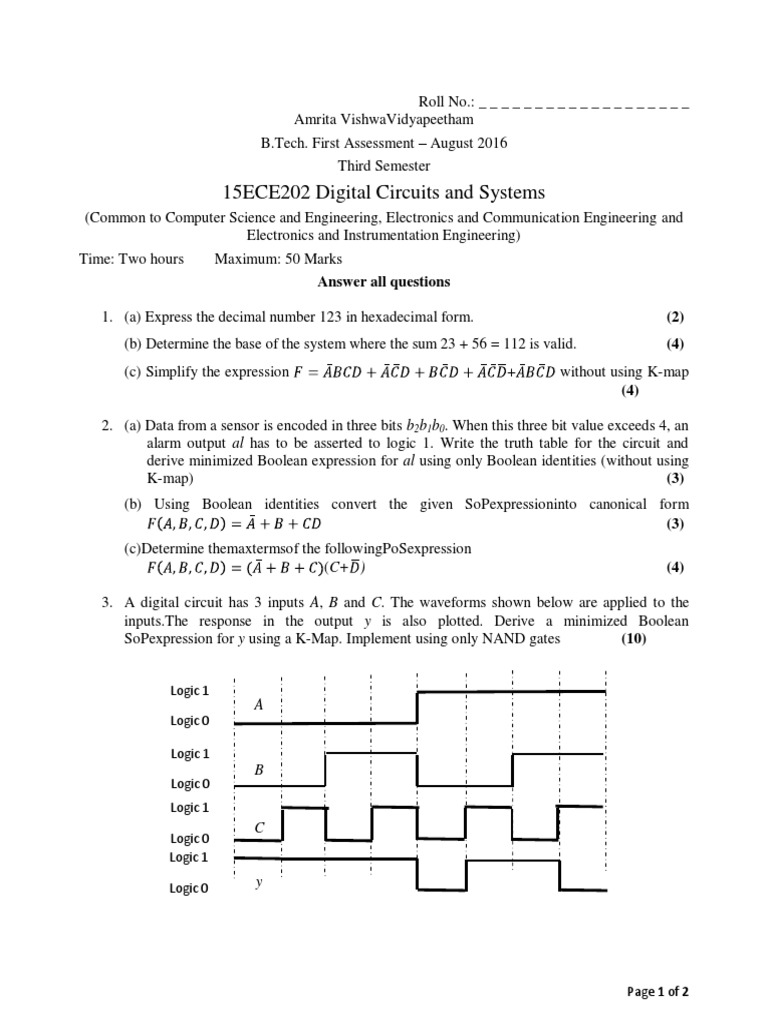 15ECE202 Digital Circuits and Systems: Answer All Questions | PDF ...