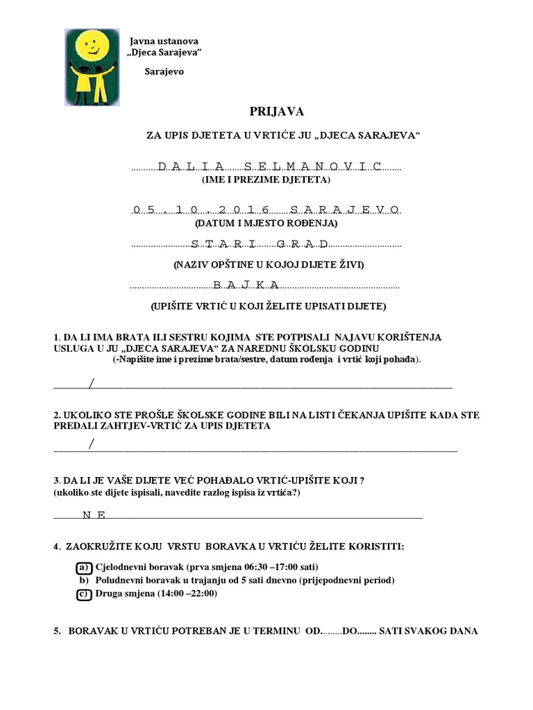 0106prijava Za Upis Djeteta U Vrti 2018 1 1 | PDF