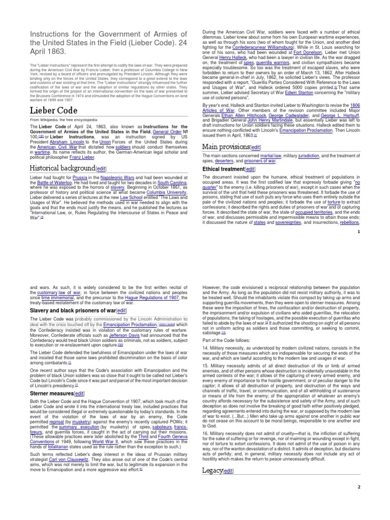 Lieber Code | PDF | Geneva Conventions | Applied Ethics