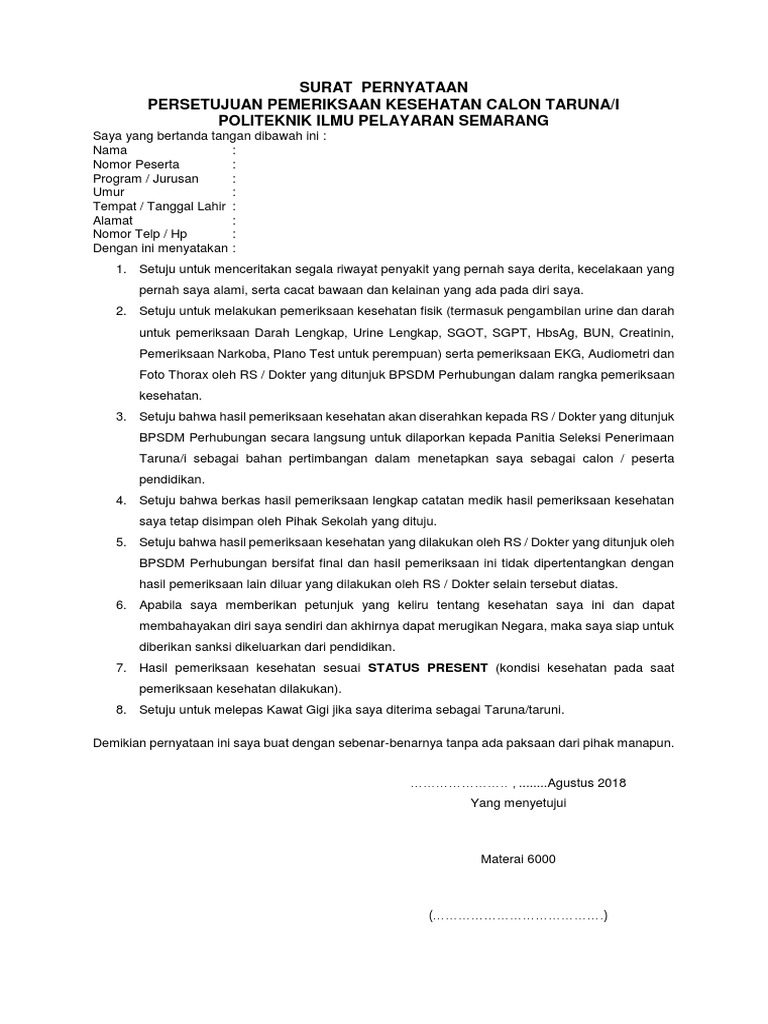 Surat Pernyataan Tes Kesehatan 1 | PDF