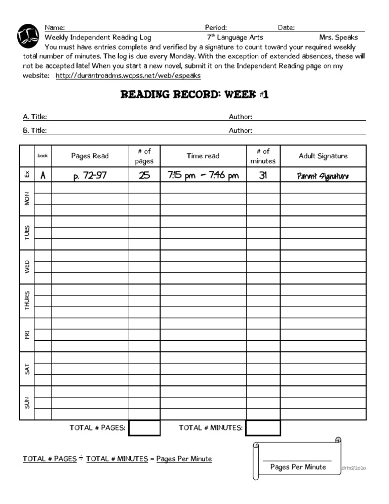 Weekly Independent Reading Log | PDF
