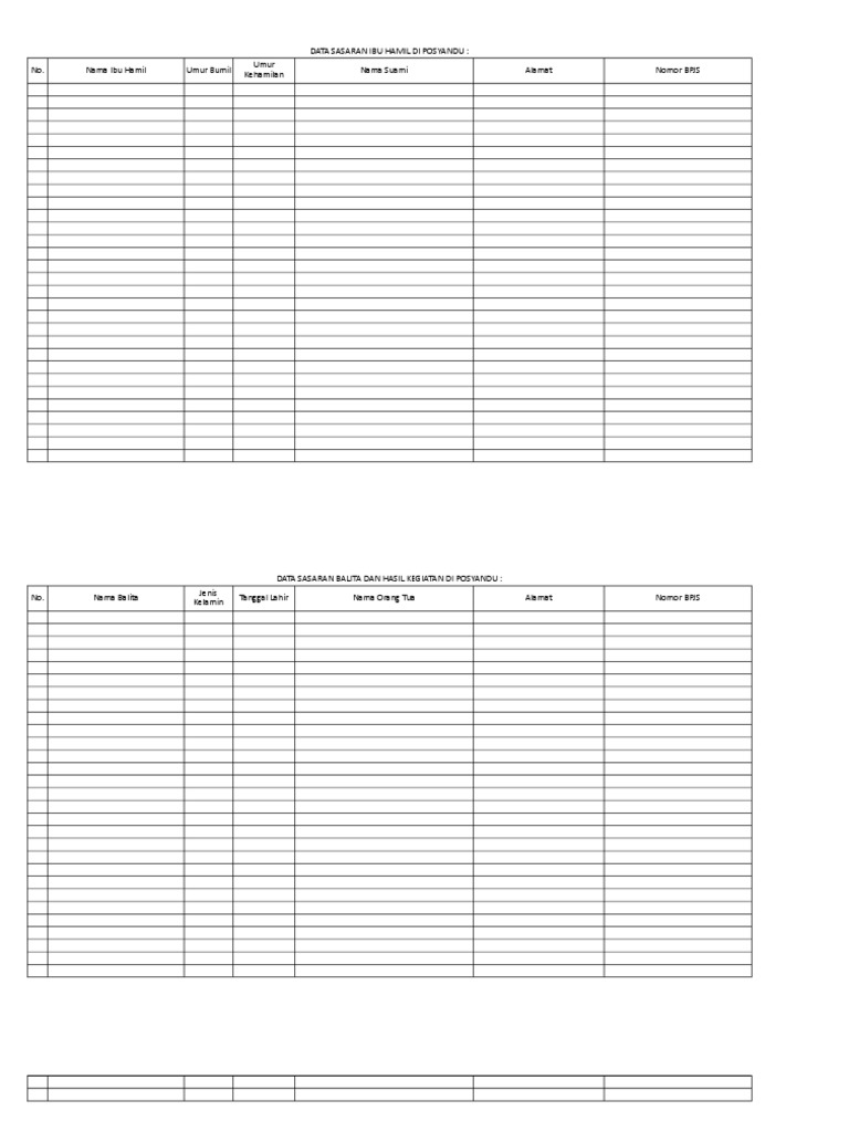FORMAT Master Tabel Data Sasaran Dan Kegiatan Posyandu | PDF